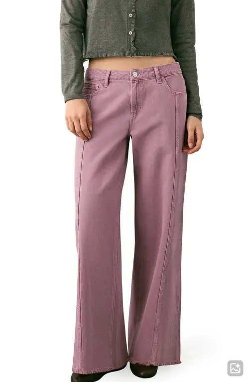 Mango Frayed Seamed Low Rise Wide Leg Jeans
