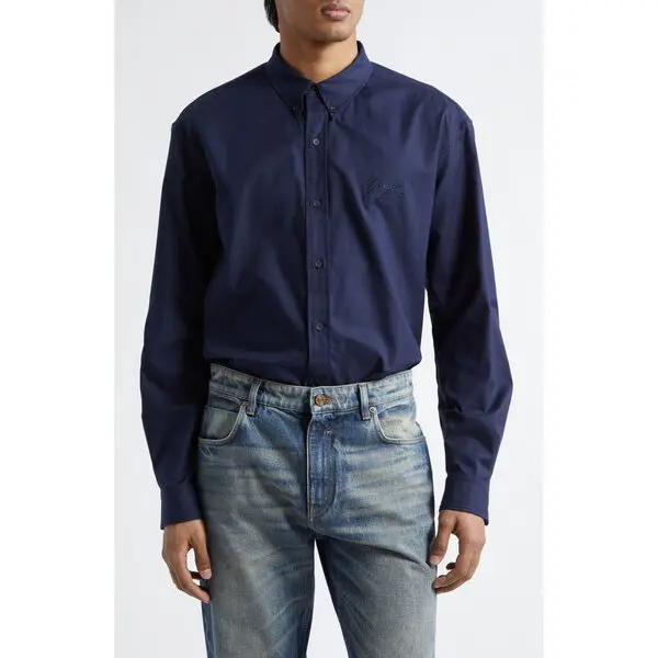 Balmain Monogram Embroidery Cotton Button-down Shirt