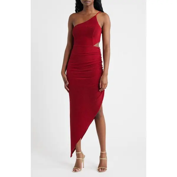 JUMP APPAREL Metallic Knit One-shoulder Asymmetric Gown - Red