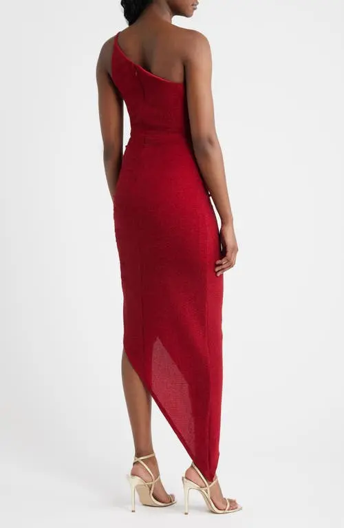 JUMP APPAREL Metallic Knit One-shoulder Asymmetric Gown - Red