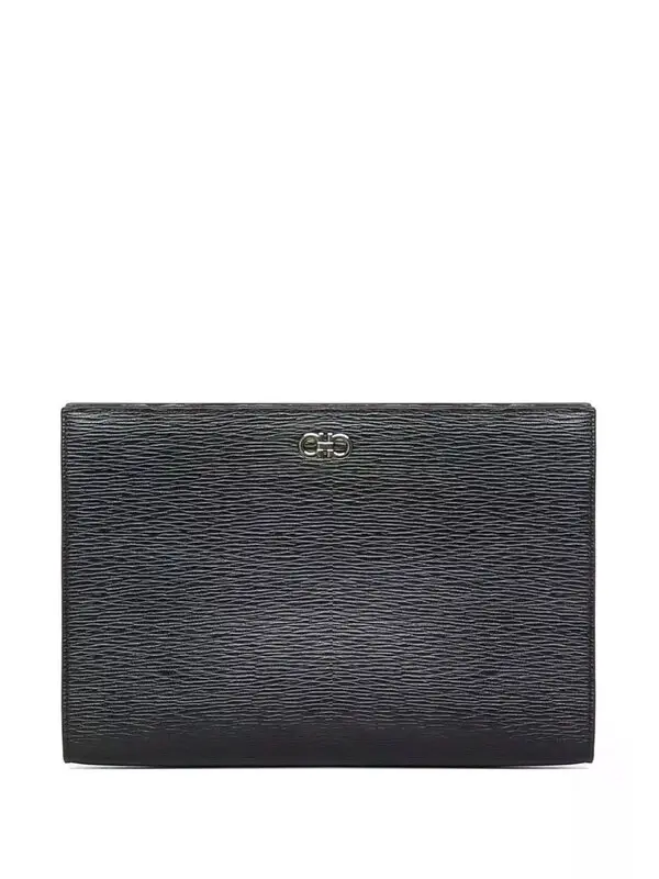 FERRAGAMO Gancini Textured Calfskin Double Clutch Bag - Black