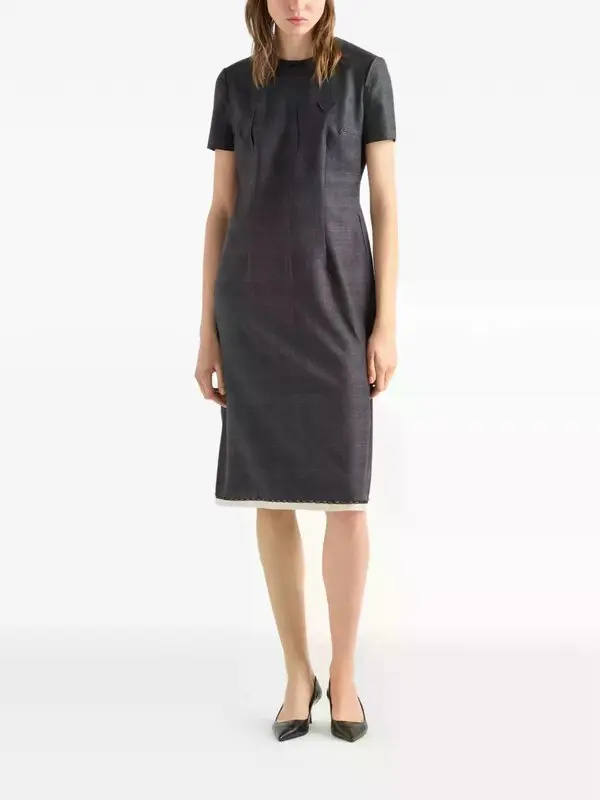 Prada Checked Wool Sheath Dress With Lace Trim - Grey