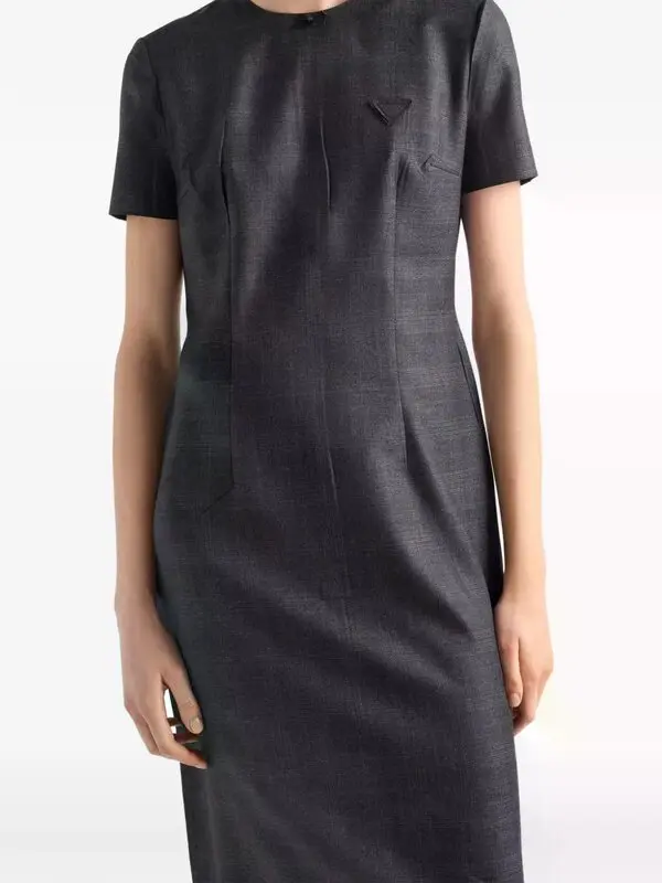 Prada Checked Wool Sheath Dress With Lace Trim - Grey