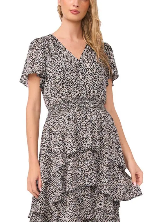 Vince Camuto Abstract Print Tiered Midi Dress - Rich Black