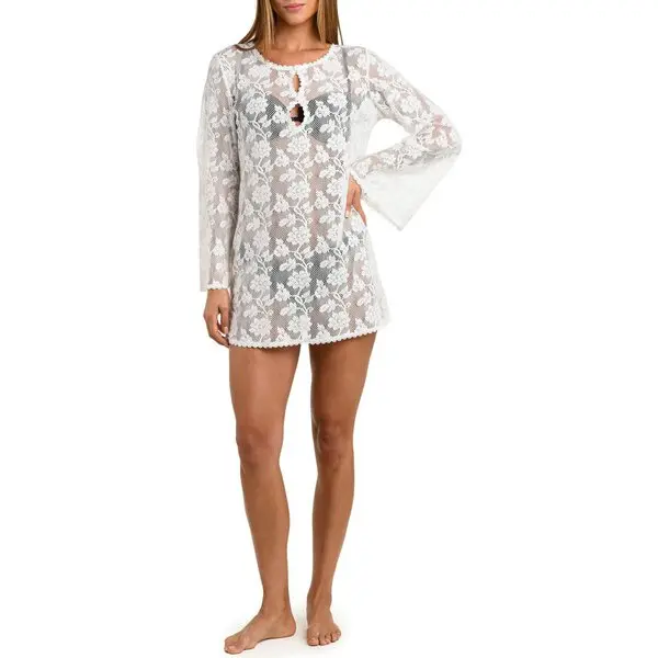 SUNSHINE 79 Celestial Petals Long Sleeve Open Stitch Cover-up Dress - Ivory