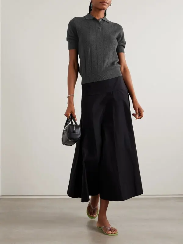 LISA YANG Cristine Pointelle-knit Cotton And Cashmere-blend Polo Shirt - Gray
