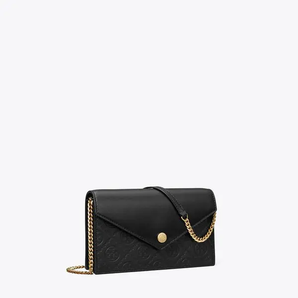 Tory Burch T Monogram Leather Envelope Chain Wallet - Black