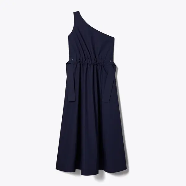 Tory Burch One-shoulder Belted Cotton Dress - Medium Navy