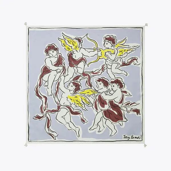 Tory Burch Cherubs Silk Square Scarf - Gray Cherubs