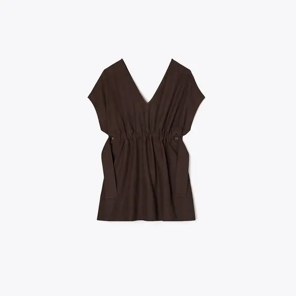 Tory Burch Belted Linen Mini Dress - Dark Brown