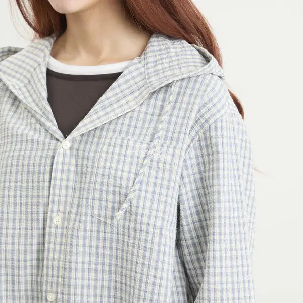 DUNST Classic Check Hooded Shirt - Cream Check