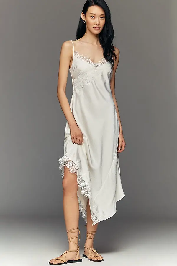 Anthropologie Asymmetric Sleeveless Lace Slip Dress - Cream