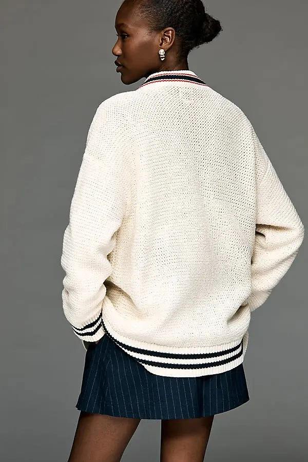 Maeve Sporty Tipped V-neck Cardigan Sweater