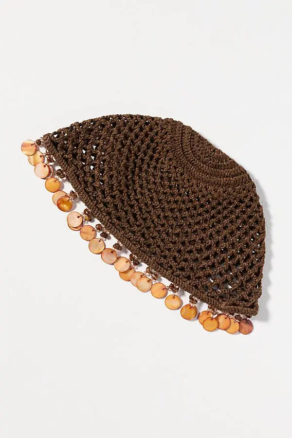 Anthropologie Fringed Crochet Cap - Chocolate