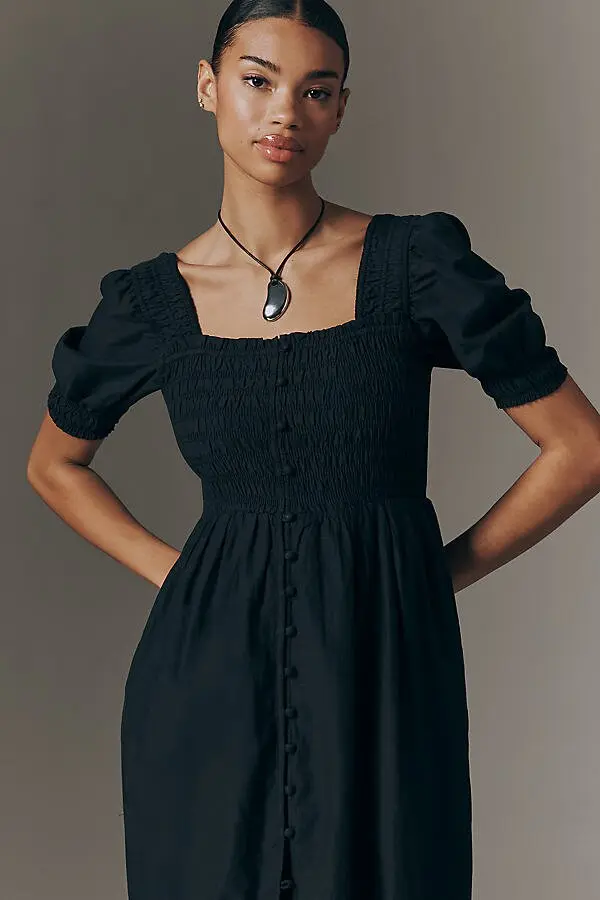 asymmetrical smocked bodice midi dress anthropologie The Peregrine - Black - 35% Off the Peregrine boasts hundreds