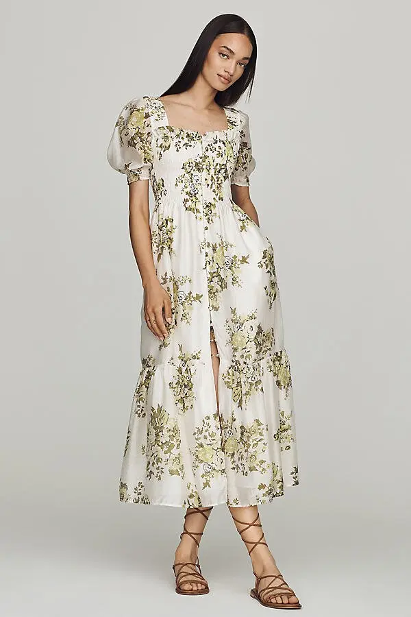 Anthropologie Peregrine Cotton Puff-sleeve Midi Dress - Green Pattern