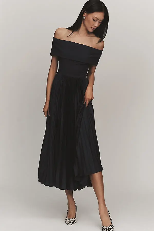 Hutch Stockton Off-Shoulder Satin Maxi Dress In Navy | Editorialist