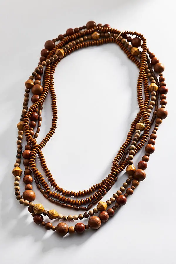 Anthropologie Boho Layered Wood Bead Necklace - Brown