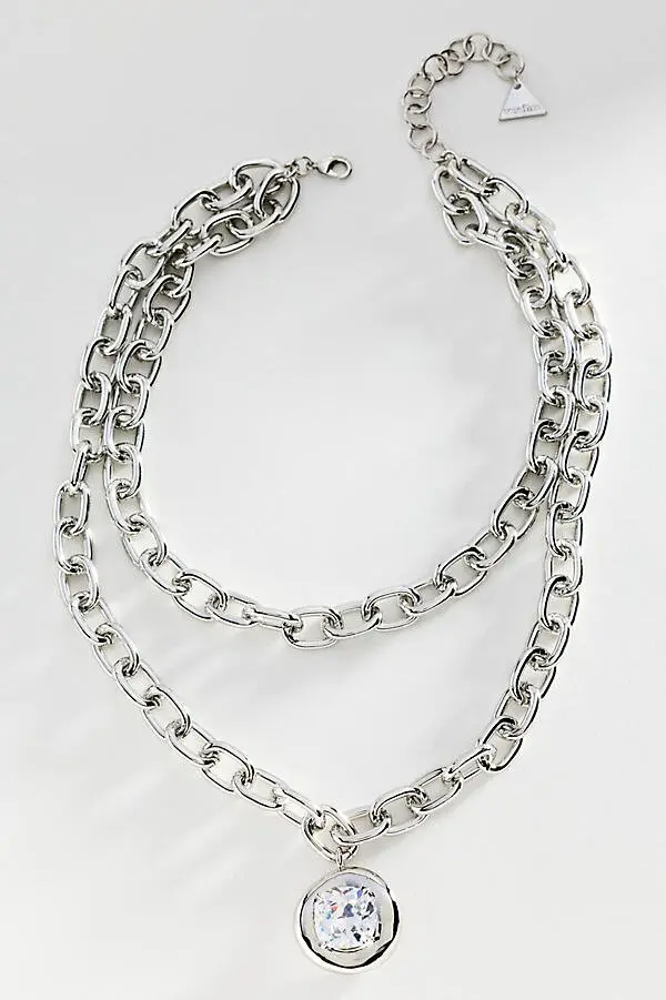 Anthropologie Chunky Bezel Crystal Pendant Necklace - Silver