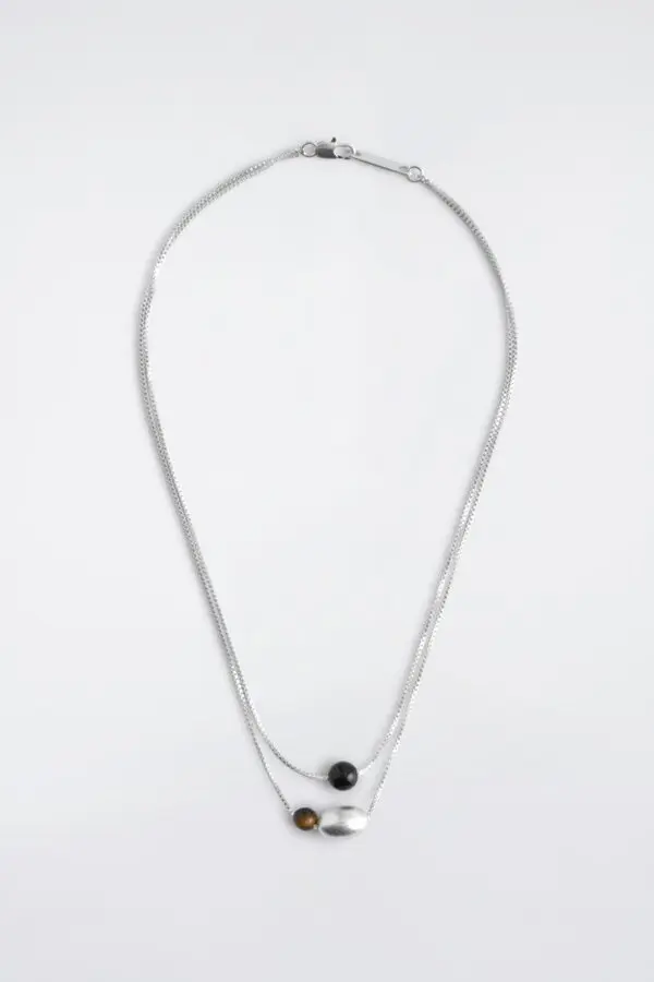 Cos Double-chain Beaded Necklace - Silver-colored