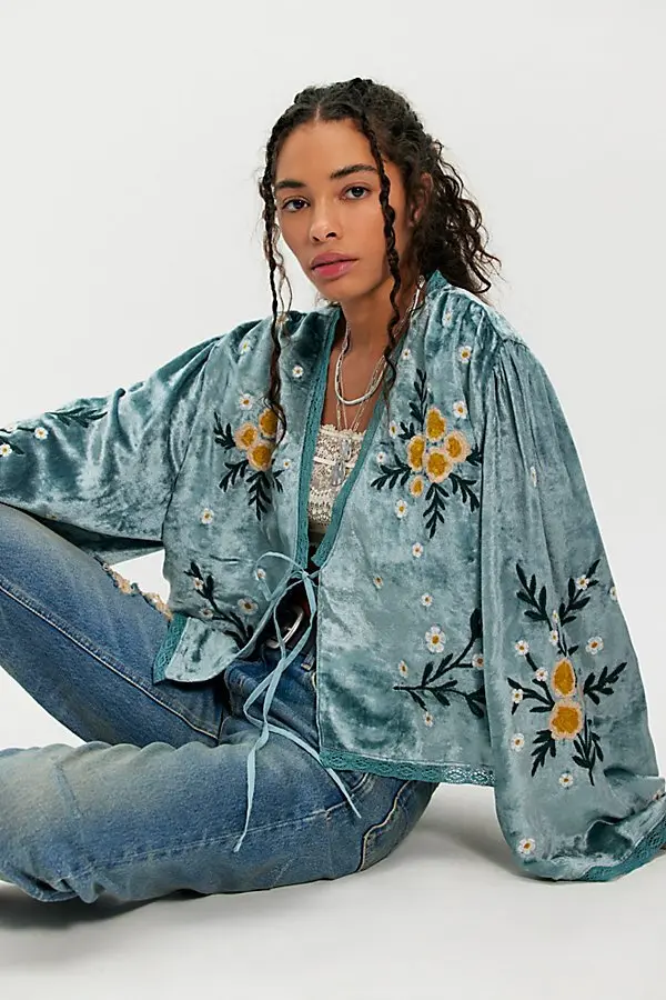 DENIM AND BONE Embroidered Velvet Bed Jacket