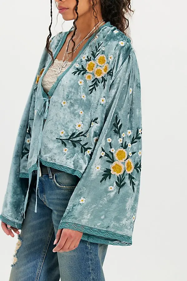 DENIM AND BONE Embroidered Velvet Bed Jacket