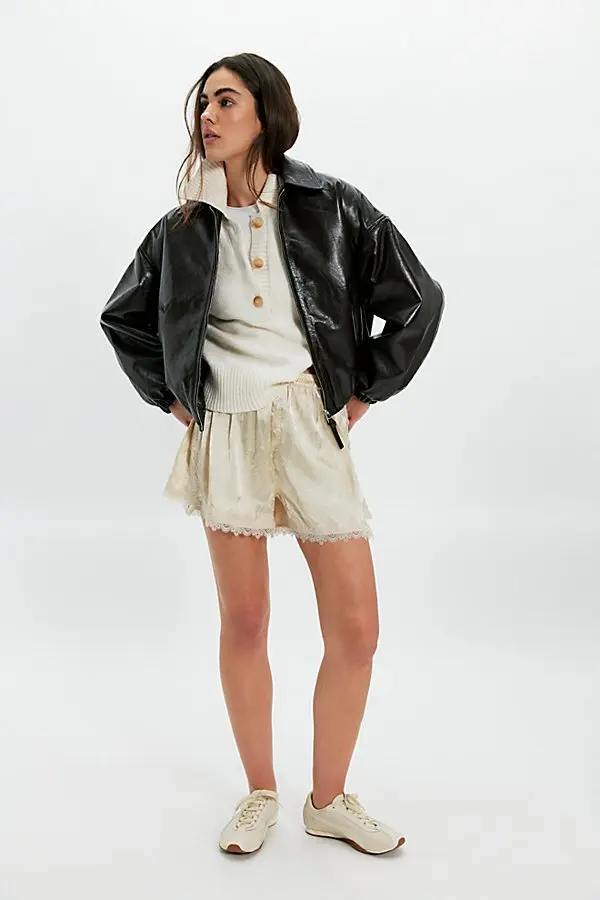 Free People Intimately Satin Jacquard Tap Shorts With Lace Trim