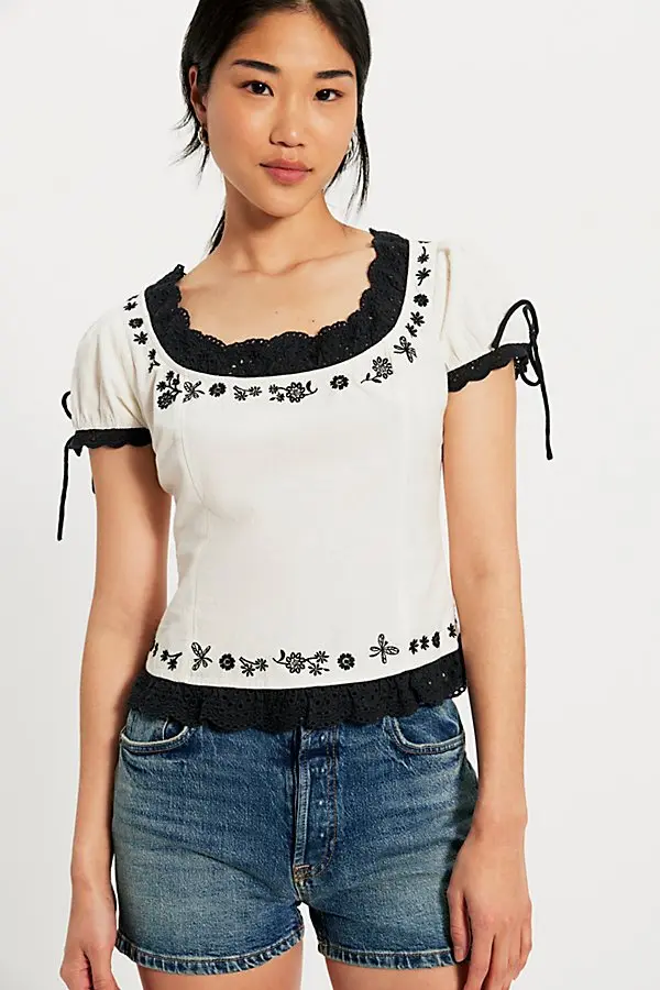 Free People Embroidered Blouse With Bow Details