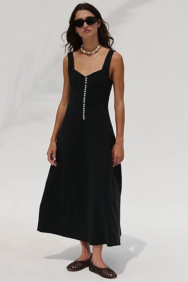 Free People Holland Stretch Linen Midi Dress - Black