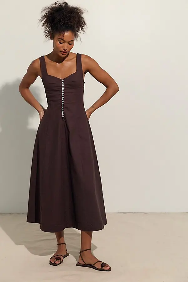 Free People Holland Stretch Linen Midi Dress - Fudge