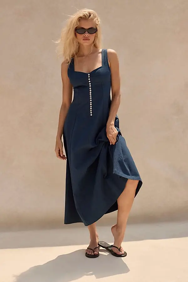 Free People Holland Stretch Linen Midi Dress - Poseidon