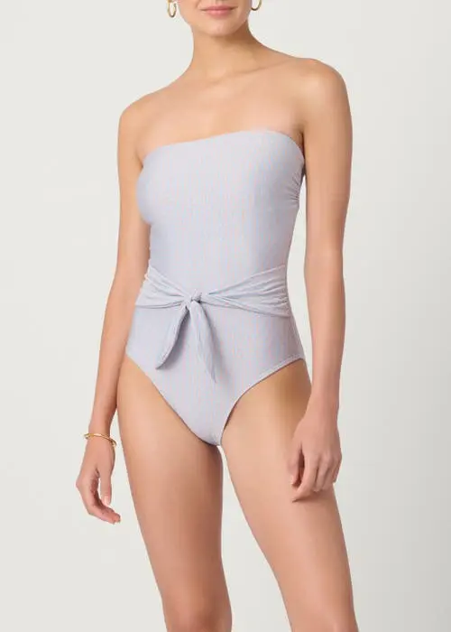 Shoshanna Lurex Herringbone Tie Waist One-piece - Sky/peach