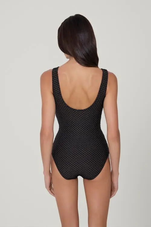 Shoshanna Wave Texture Lace Up One Piece - Jet/gold