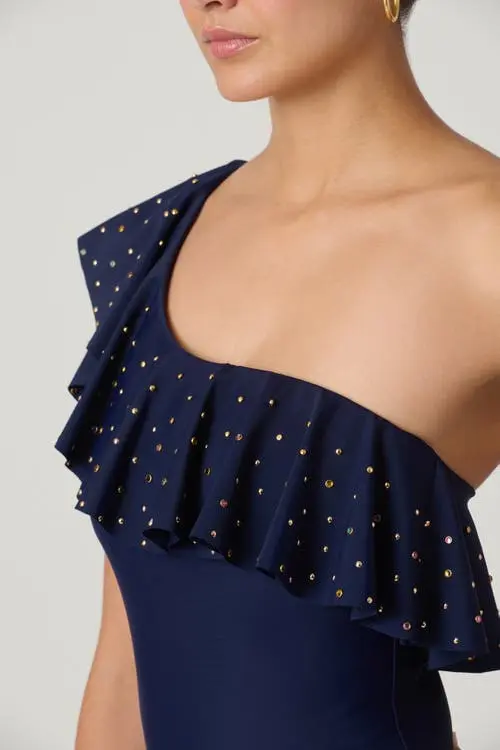 Shoshanna Embellished One Shoulder Ruffle One Piece