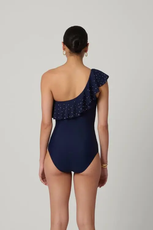 Shoshanna Embellished One Shoulder Ruffle One Piece