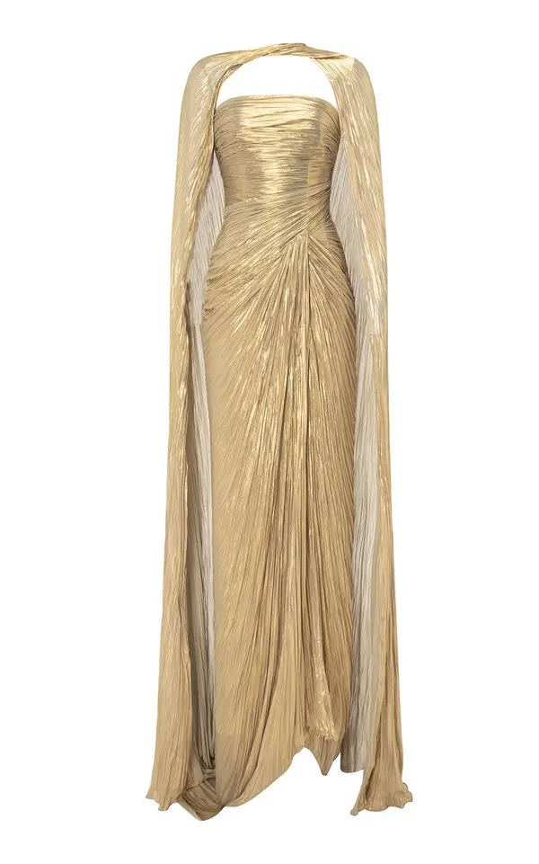 MARMAR HALIM Strapless Pleated Lamé Gown With Cape - Gold