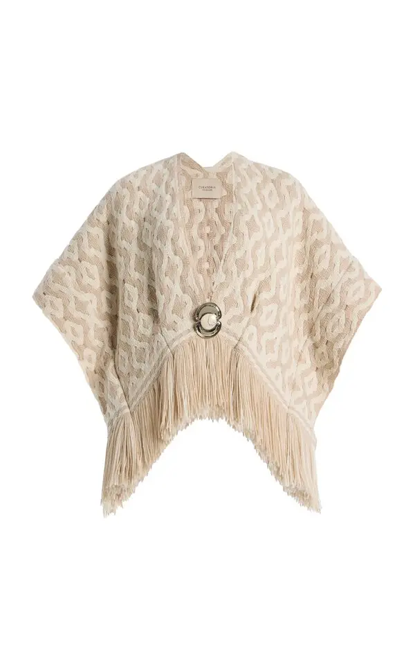 CURATORIA Acacia Merino Wool Poncho With Geometric Weave And Fringe - Ivory