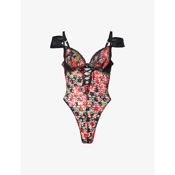 SAVAGE X FENTY Printed Lace Teddy - Blk Caviar Ros Passi Prt