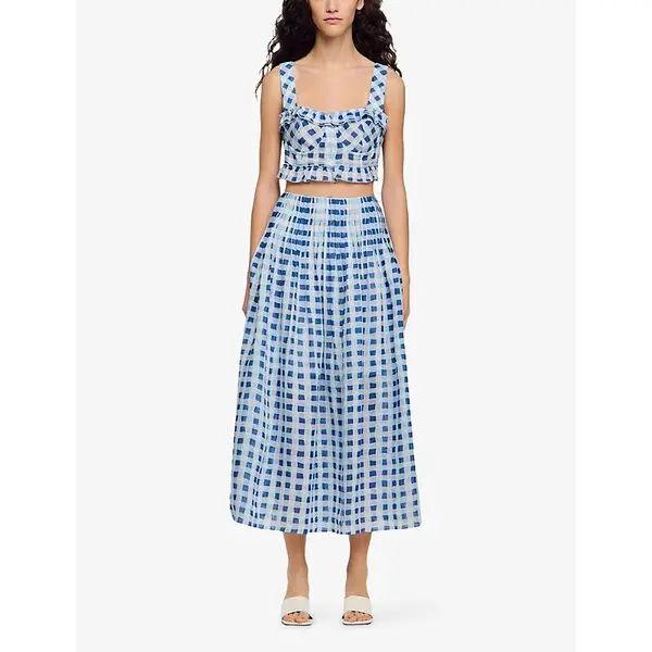 Sandro Gingham-print Linen-blend Maxi Skirt