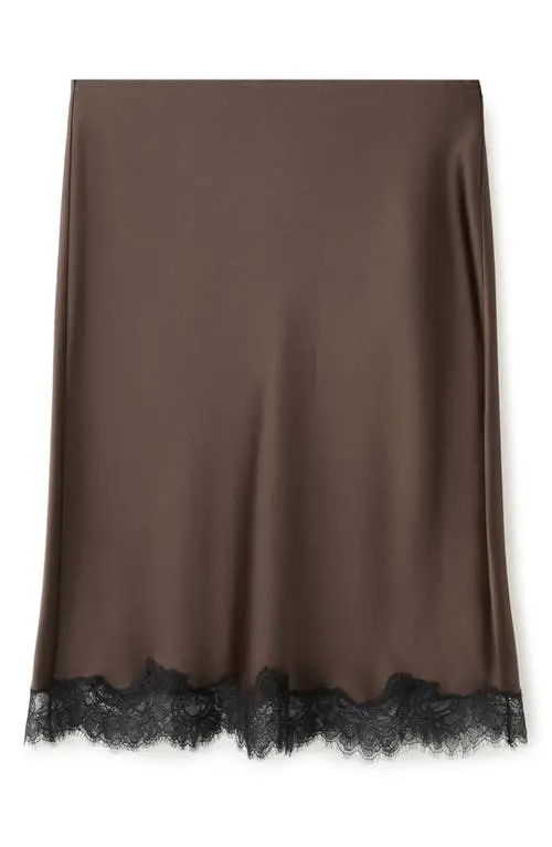 Mango Lace Trim Satin Midi Skirt - Brown