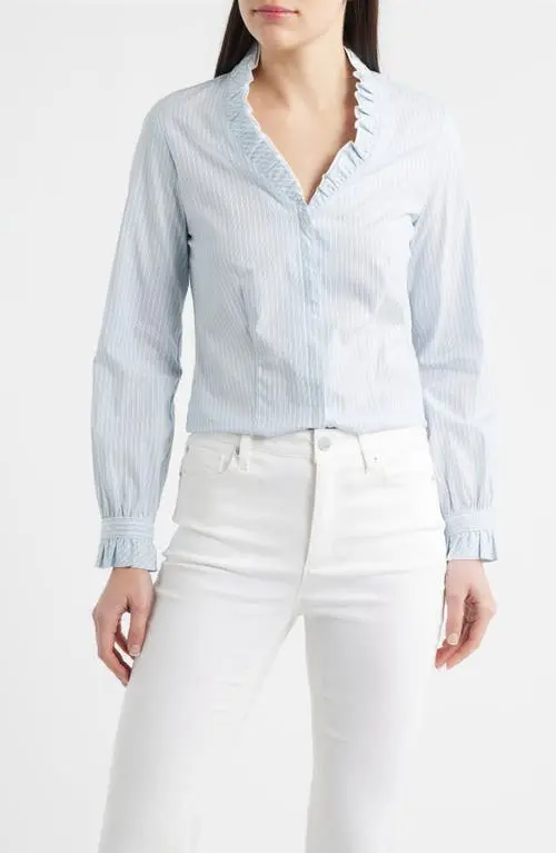Anne Klein Ruffle-trimmed Striped Cotton Shirt - Blue Wash Multi