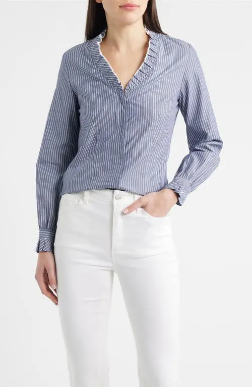 Anne Klein Ruffle-trimmed Striped Cotton Shirt - Distant Mntn Multi