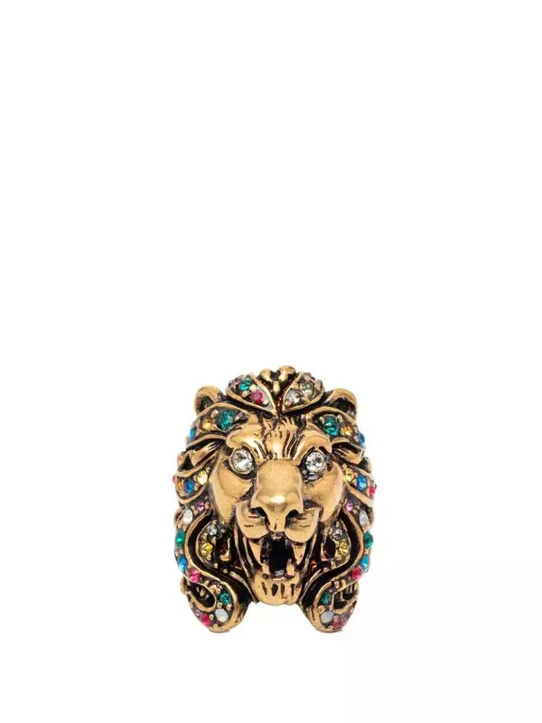 Gucci Plated Crystal Lion Head Ring - Gold
