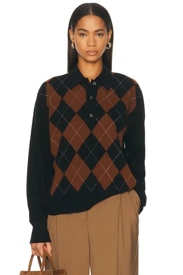 RÓHE Compact Knitted Check Polo Sweater - Black Rust Check