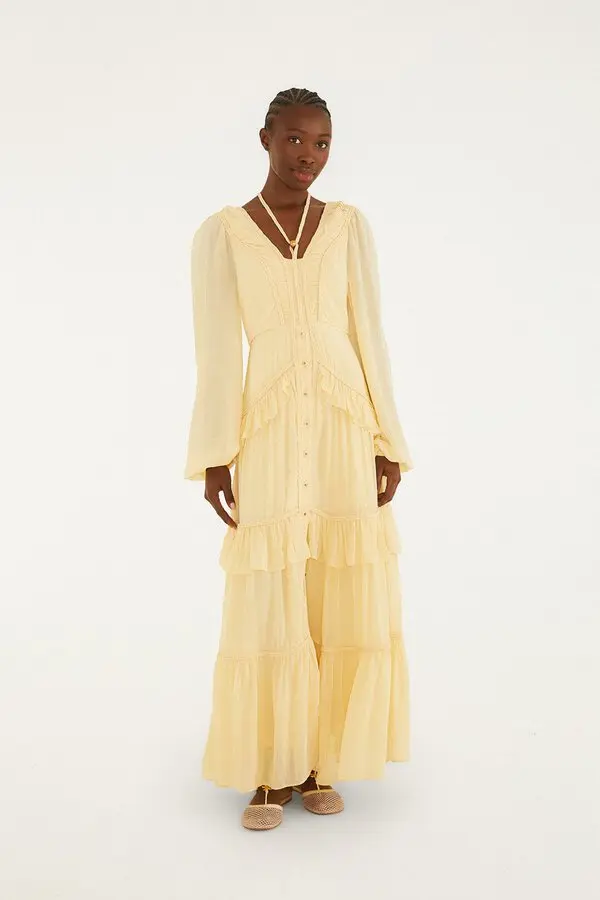 Farm Rio Butter Ruffled Buttoned Maxi Dress