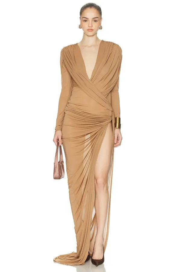 Atlein Draped Longsleeve Dress - Argile