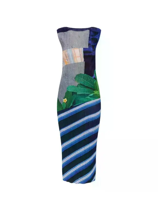 Issey Miyake Graphic Print Pleated Midi Dress