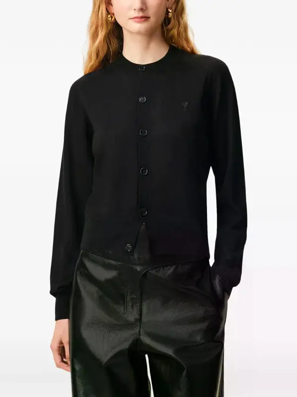AMI Paris Wool Crewneck Cardigan With De Coeur Embroidery - Black