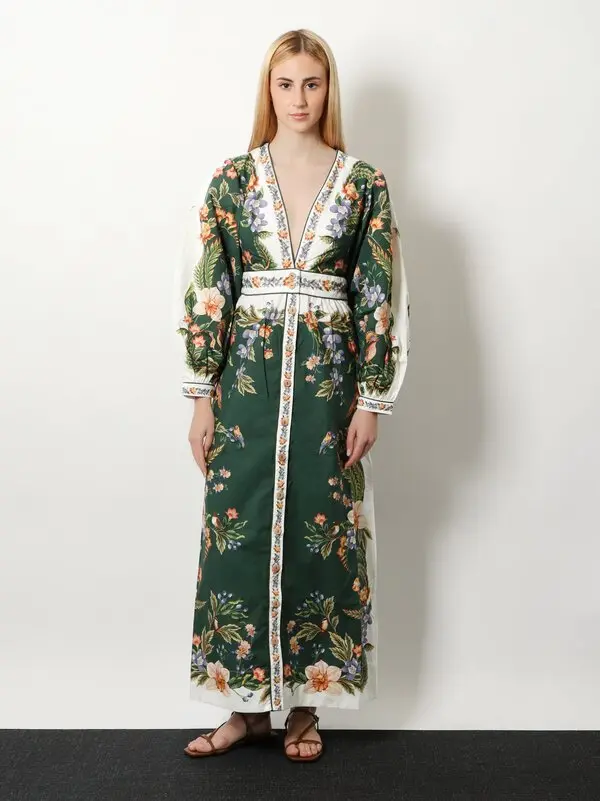 Farm Rio Long Cotton Floral Print Dress