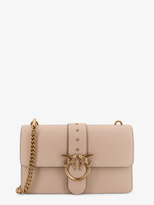 Pinko Love One Leather Shoulder Bag With Metal Detail - Beige